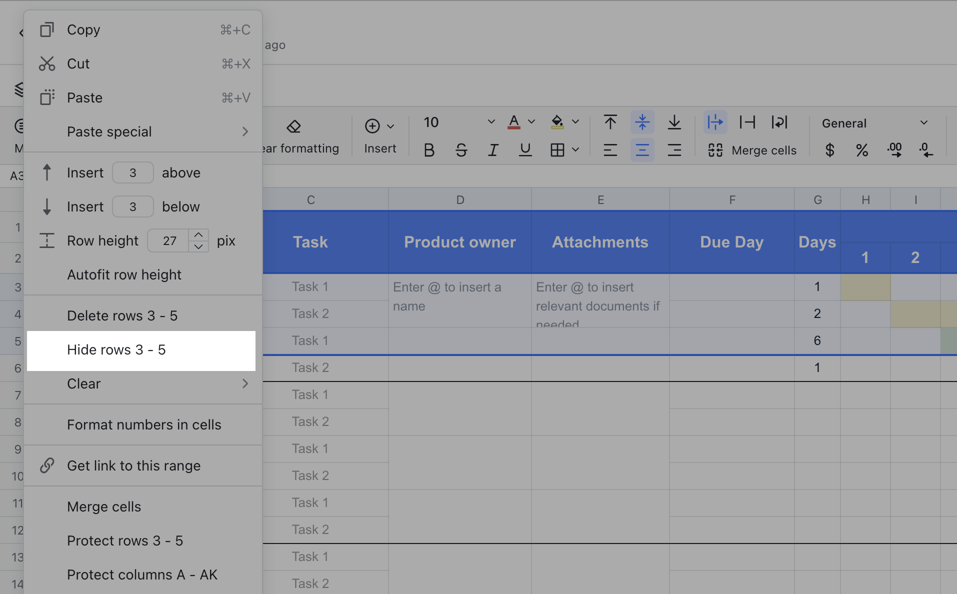 Hide sheets, rows, and columns in Sheets