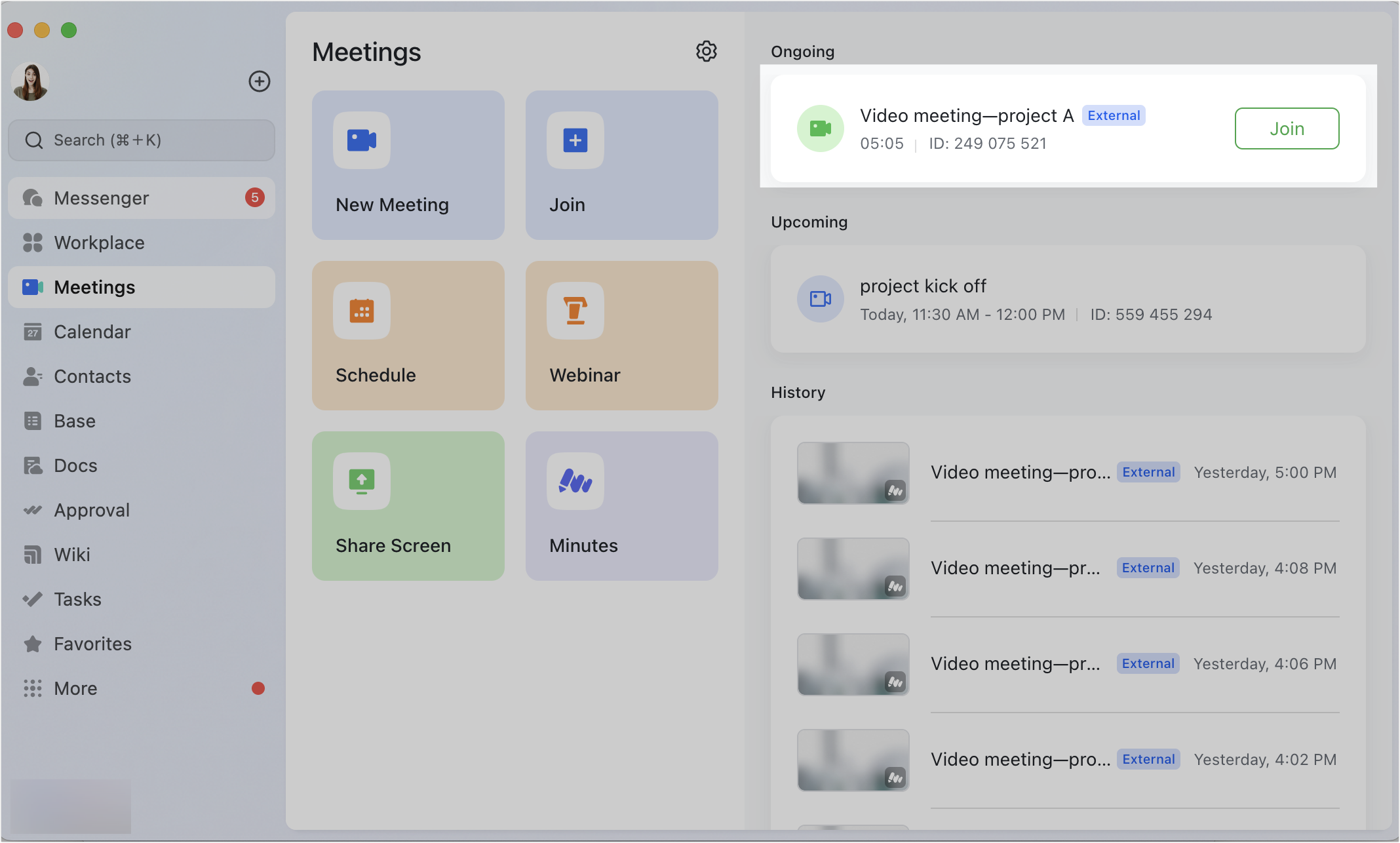Schedule, initiate, or join a meeting from the navigation bar