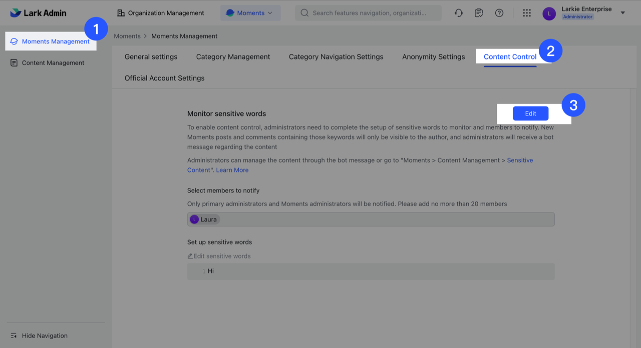 Admin | Configure and monitor sensitive words in Lark Moments