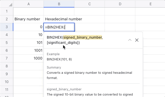 BIN2HEX function for Sheets