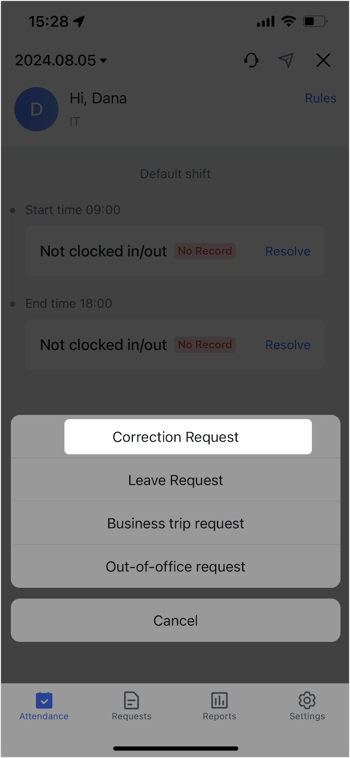 Submit an Attendance correction request