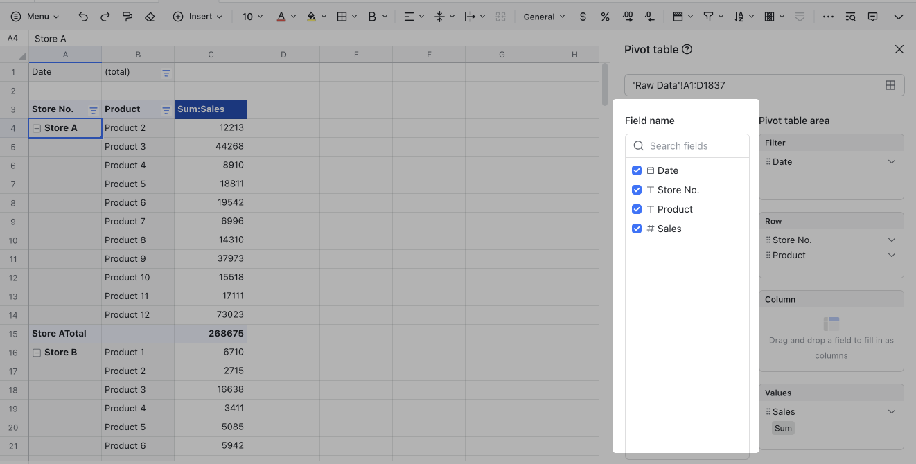 Use fields in pivot tables