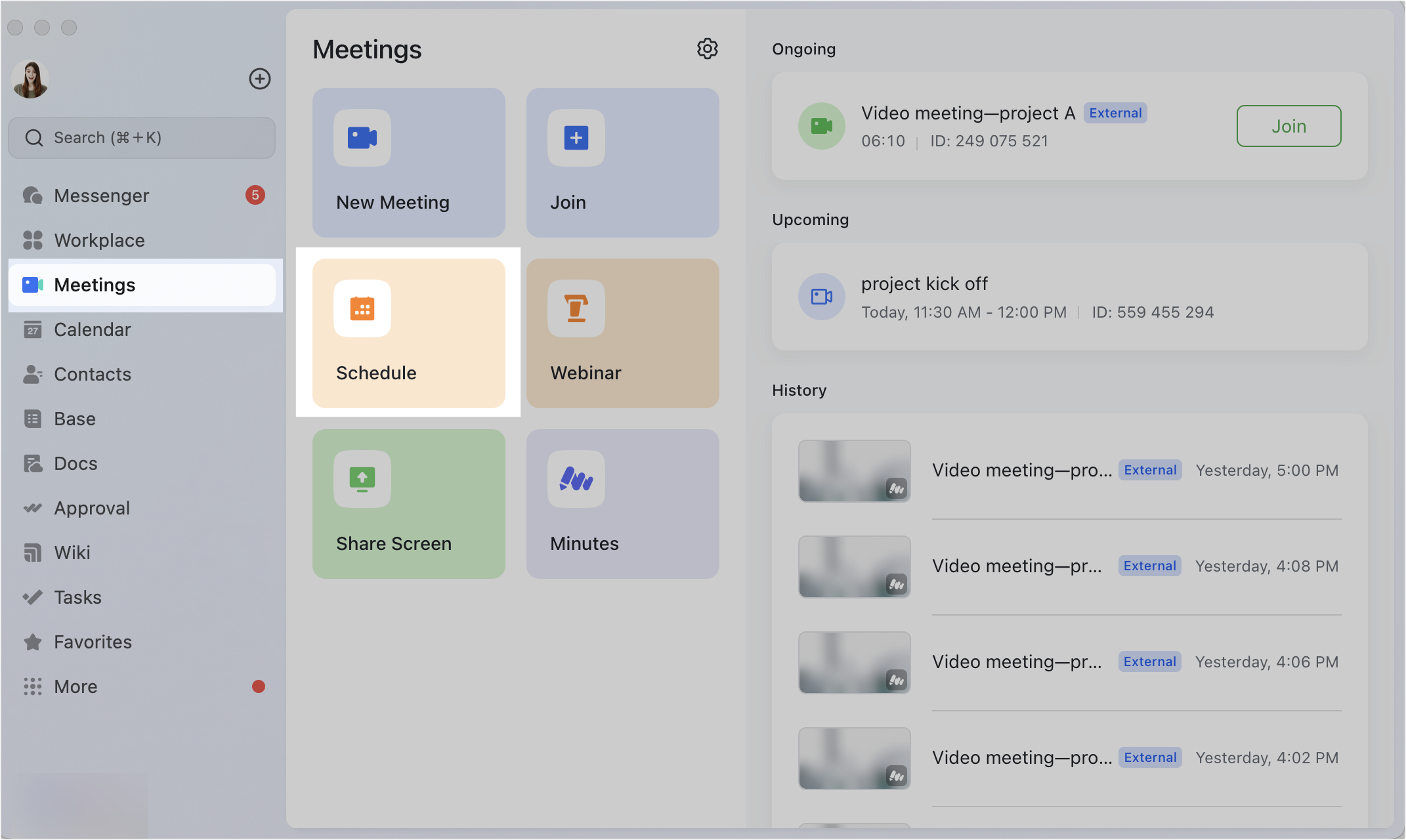 Schedule, initiate, or join a meeting from the navigation bar
